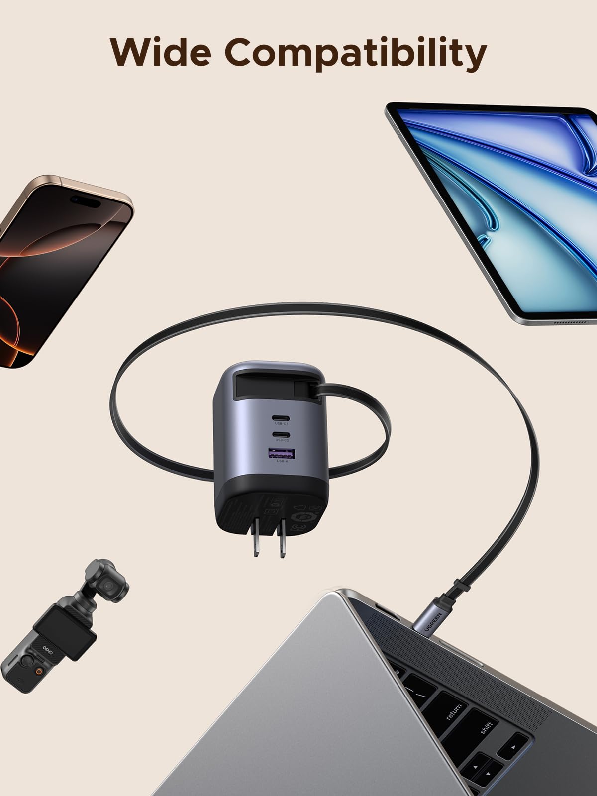 UGREEN 100W USB-C GaN Charger - Built-In Cable & 3 Ports – UGREEN US