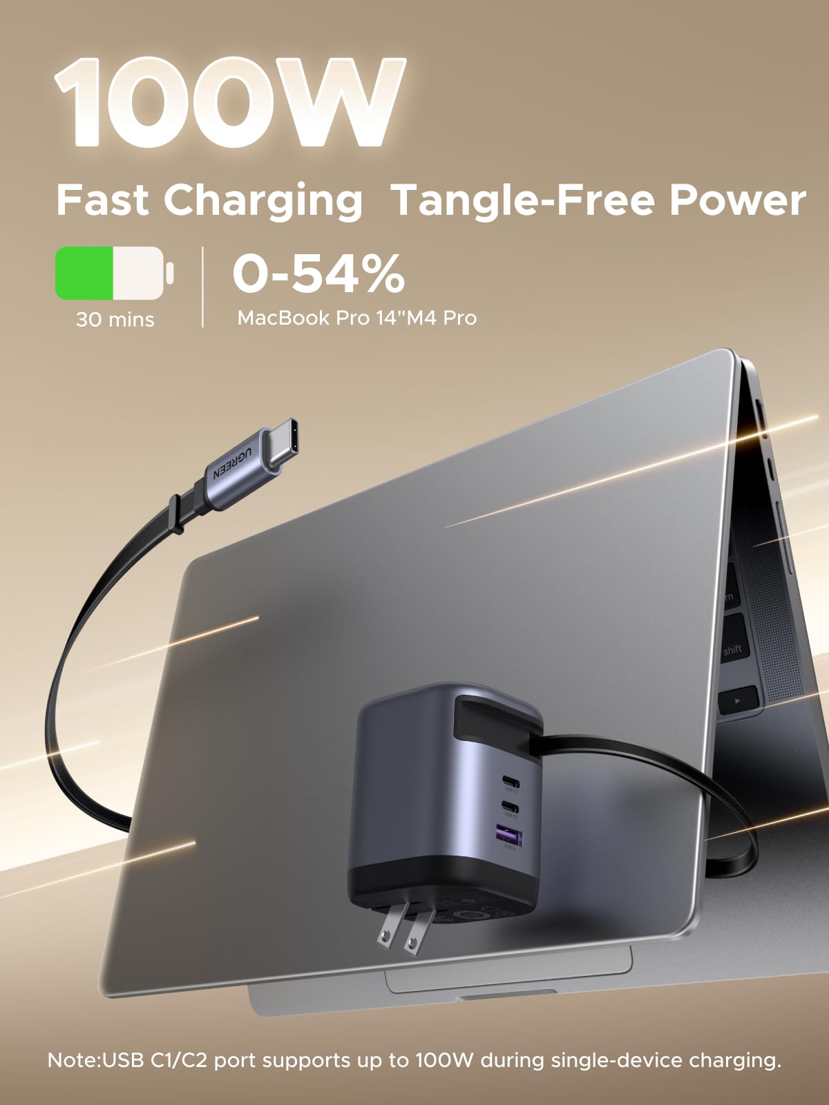 UGREEN 100W USB-C GaN Charger - Built-In Cable & 3 Ports | UGREEN US