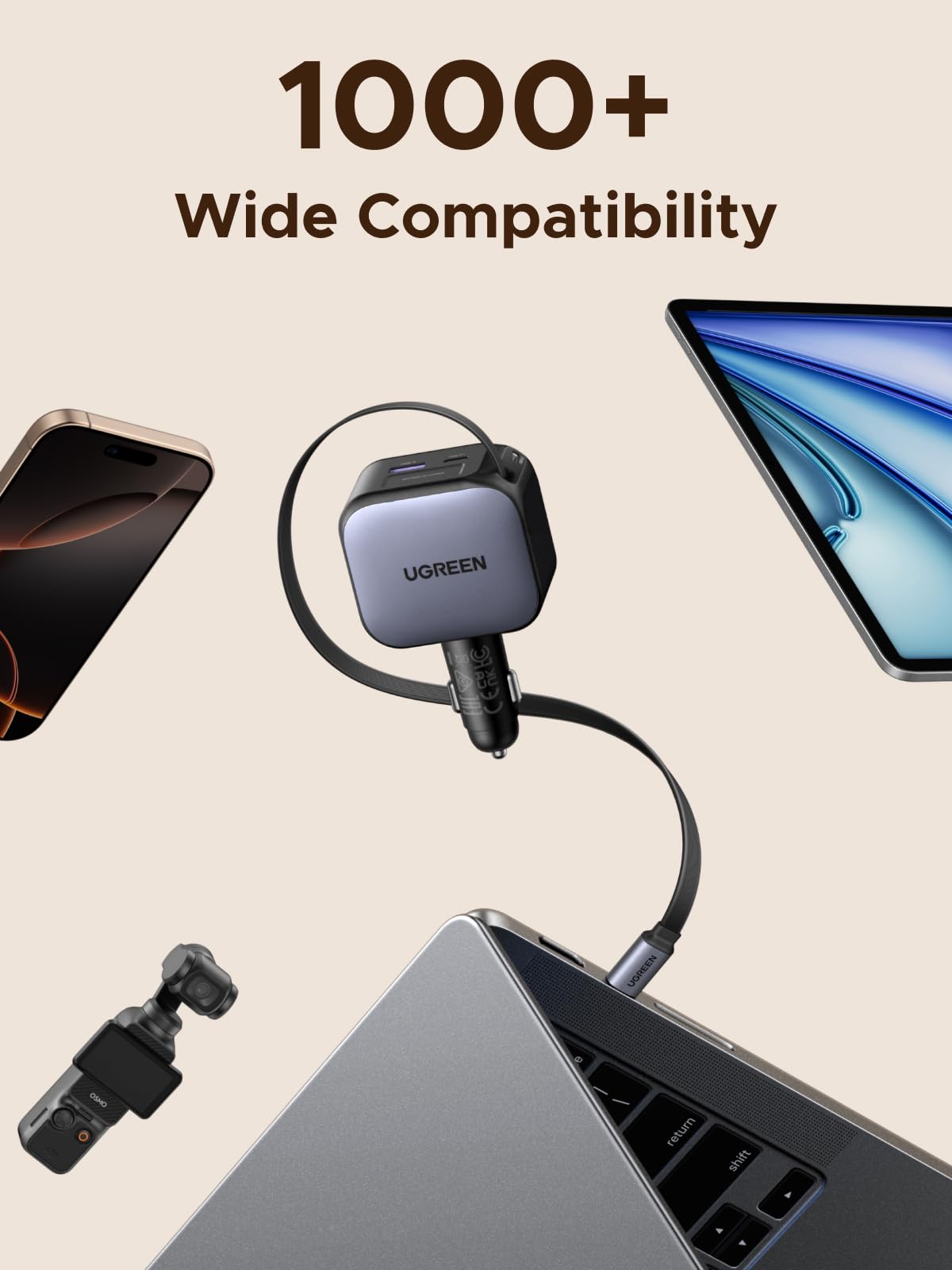 UGREEN 145W USB-C Car Charger - Built-In Cable with 4-Port Charging ...